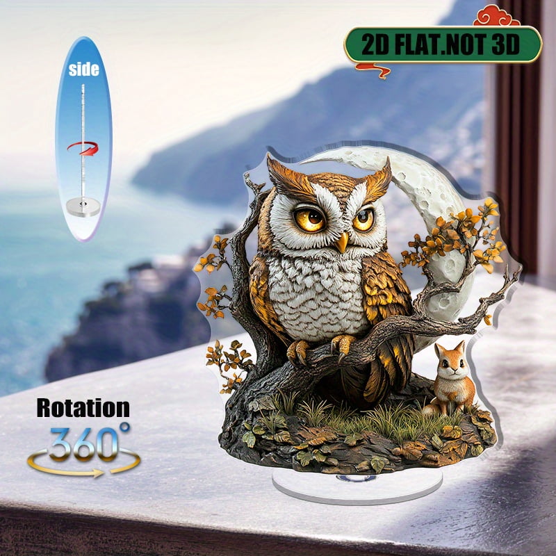 [2D flat] 1PC Rotating acrylic display featuring a wise owl, playful ...