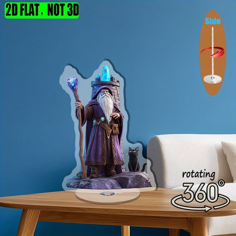 [2D flat] 1PC Rotating acrylic display featuring a wise wizard with a staff and cat ideal for ...
