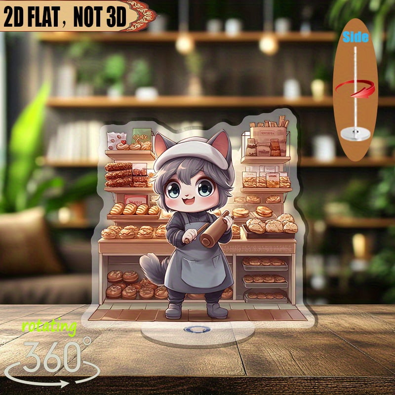 [2D flat] 1PC Rotating acrylic display featuring a cheerful anthropomorphic male cat baker ...
