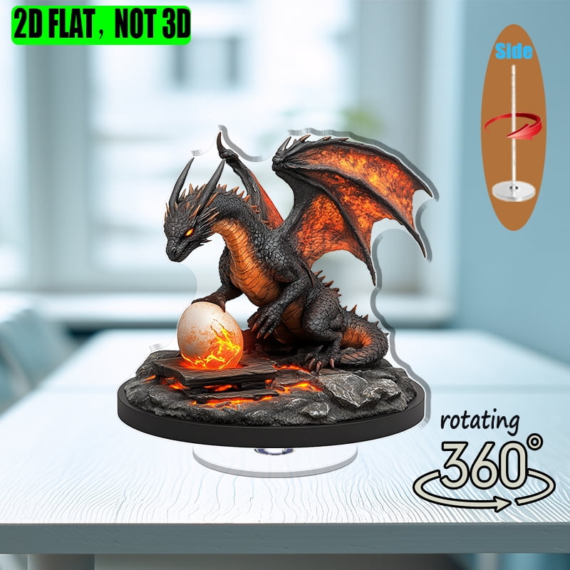 [2D flat] 1PC Rotating acrylic display featuring a fierce flame dragon guarding a glowing ...