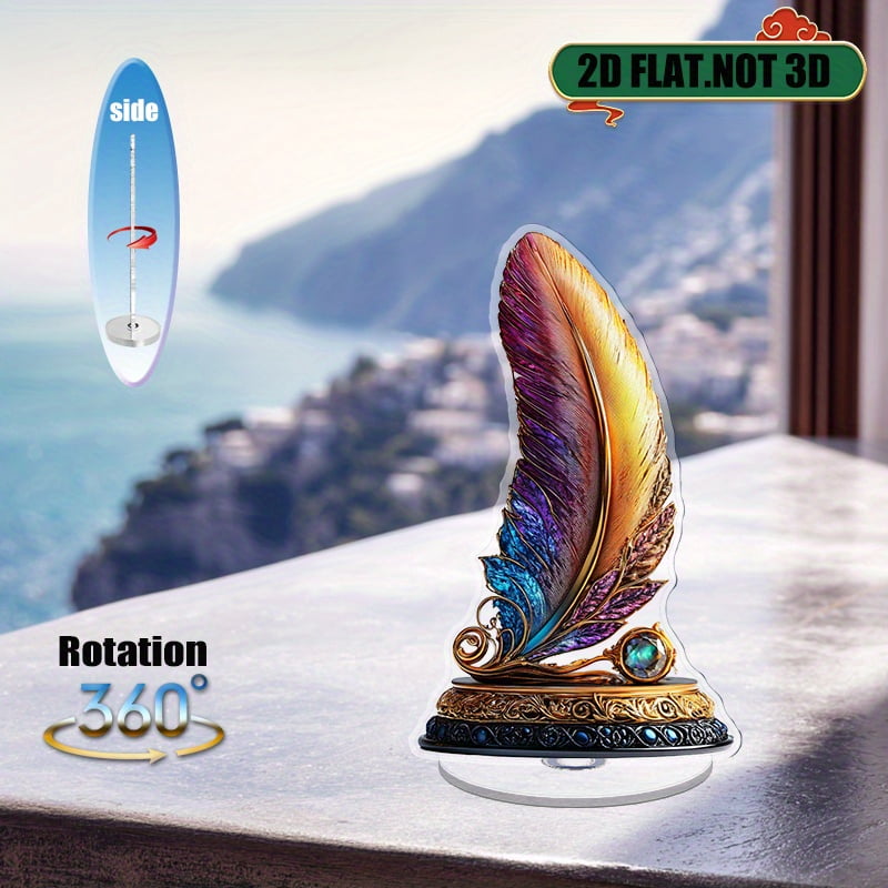 [2D flat] 1PC Rotating acrylic display featuring a golden feather quill ...