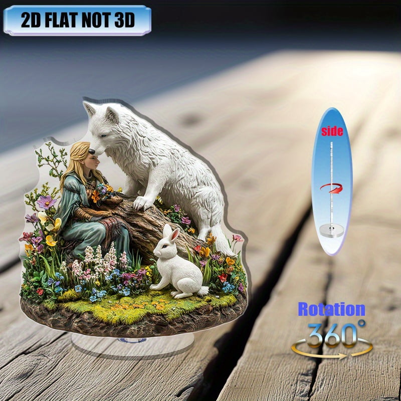[2D flat] 1PC Rotating acrylic display featuring a majestic white wolf ...