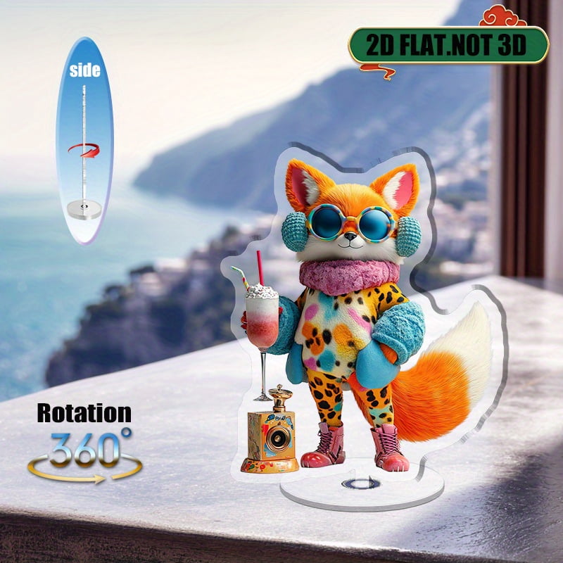 [2D flat] 1PC Rotating acrylic display featuring a relaxed fox with ...