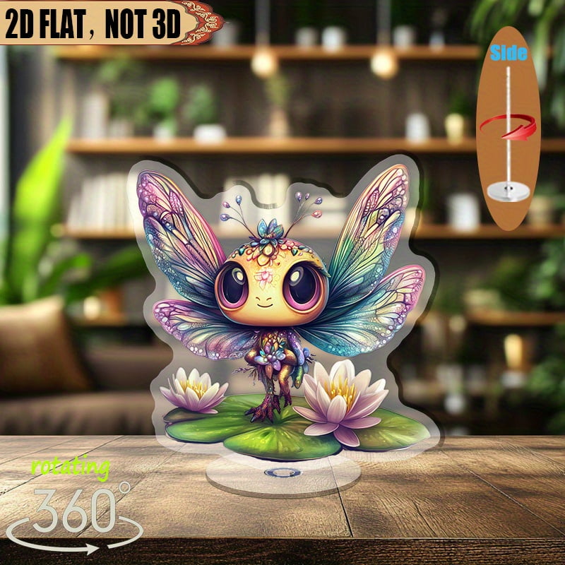 [2D flat] 1PC Rotating acrylic display featuring a whimsical dragonfly character with iridescent ...