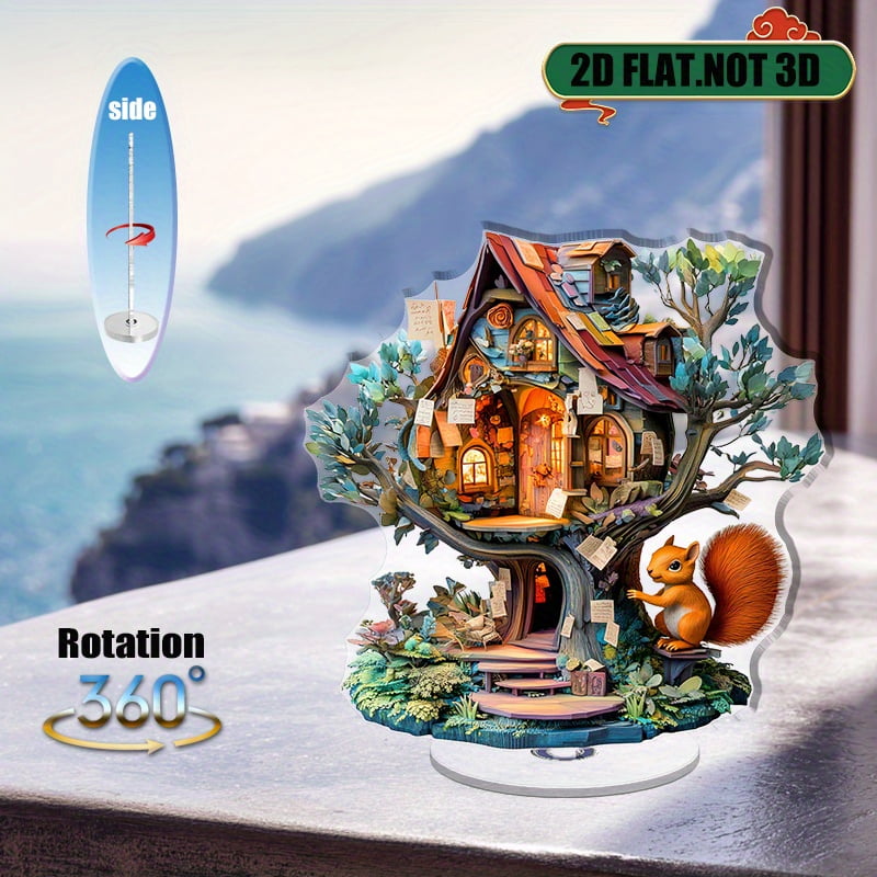 [2D flat] 1PC Rotating acrylic display featuring a whimsical treehouse ...