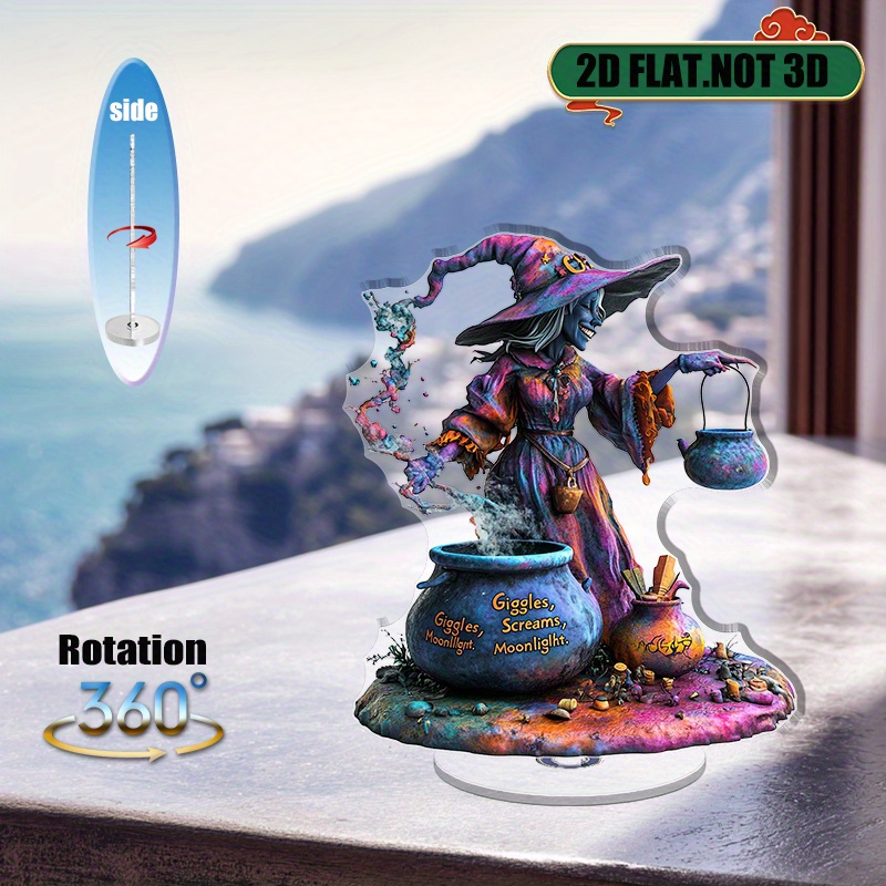 [2D flat] 1PC Rotating acrylic display featuring a whimsical witch with ...