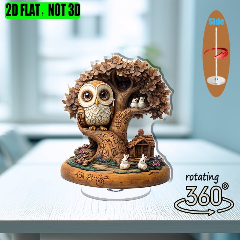 [2D flat] 1PC Rotating acrylic display featuring a wise owl on an ...