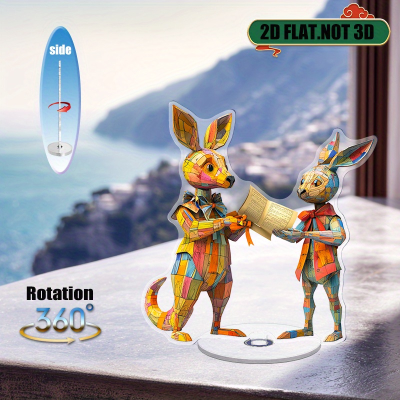 [2D flat] 1PC Rotating acrylic display featuring a wooden kangaroo with ...