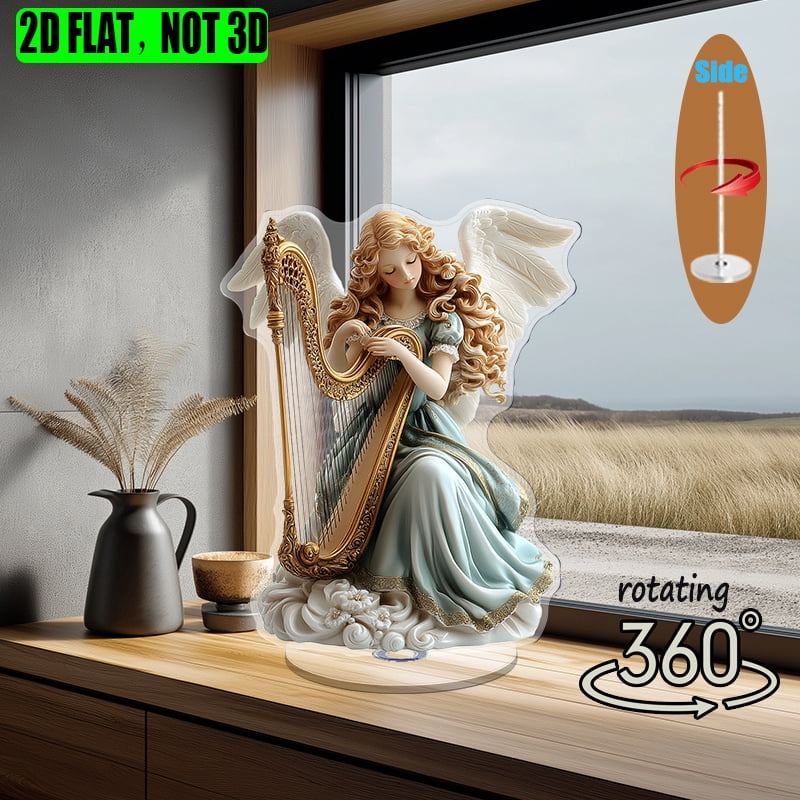 [2D flat] 1PC Rotating acrylic figurine of a serene angel playing a ...