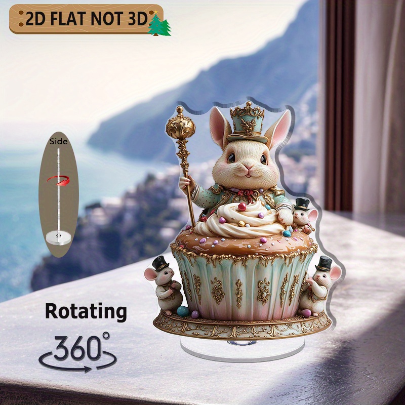 [2D flat] 1PC Rotating acrylic ornament featuring a bunny on a cupcake ...