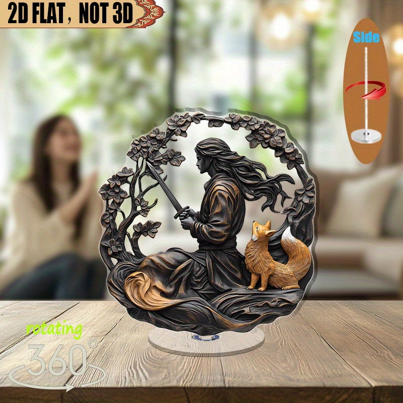 [2D flat] 1PC Rotating acrylic ornament featuring a fighter with a sword and a curious fox ideal ...