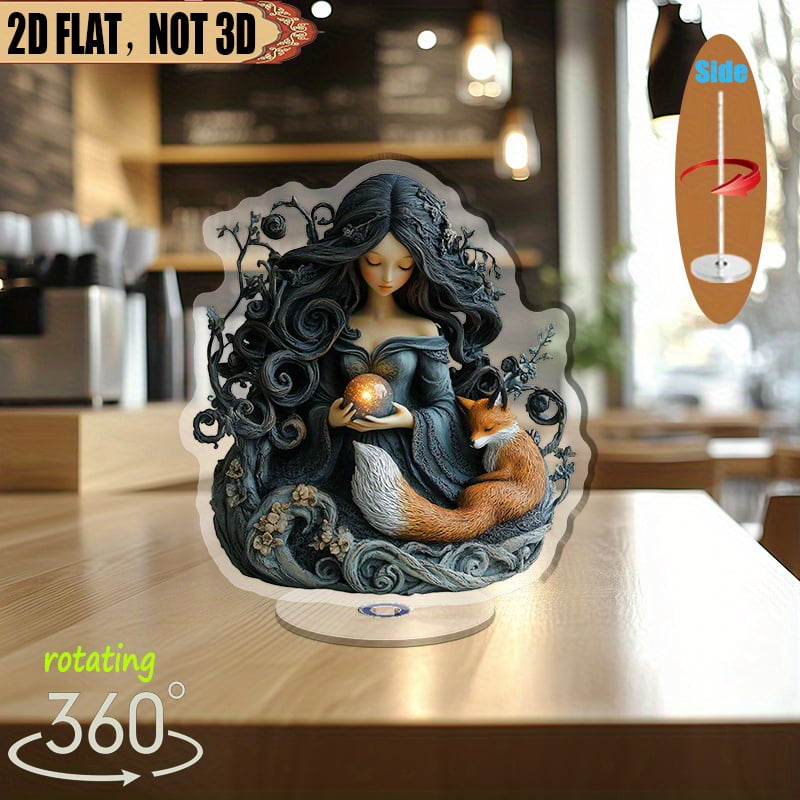 [2D flat] 1PC Rotating acrylic tabletop ornament featuring a charming witch and playful fox ...