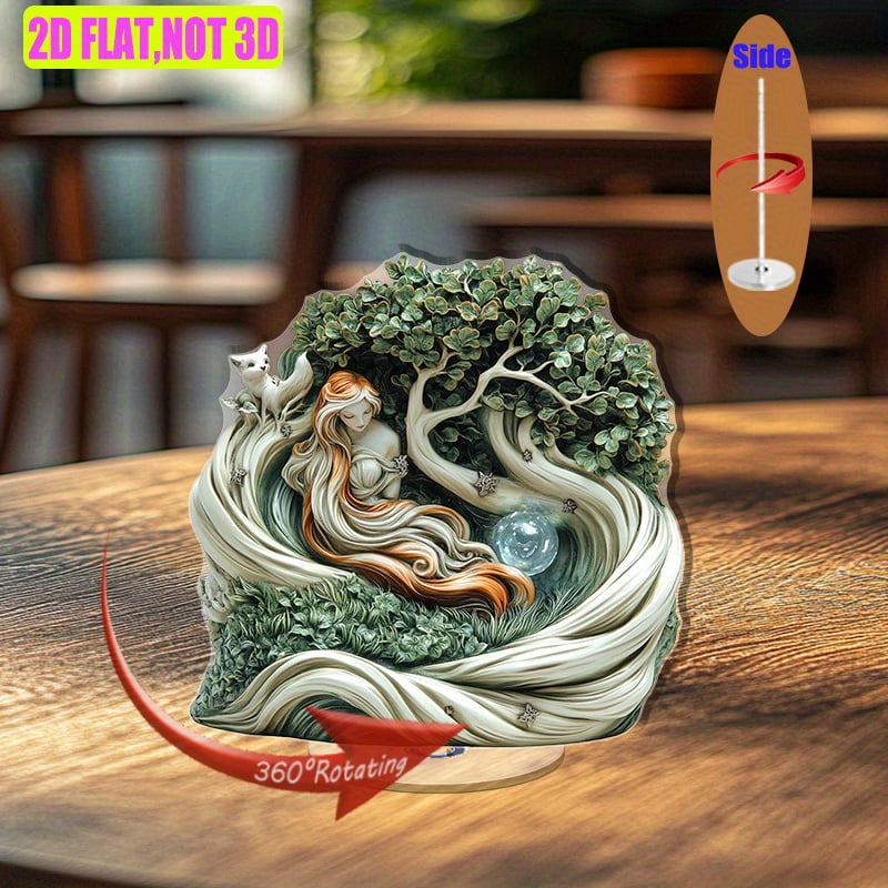 [2D flat] 1PC Rotating acrylic tabletop ornament featuring a silver fox and whimsical figure for ...