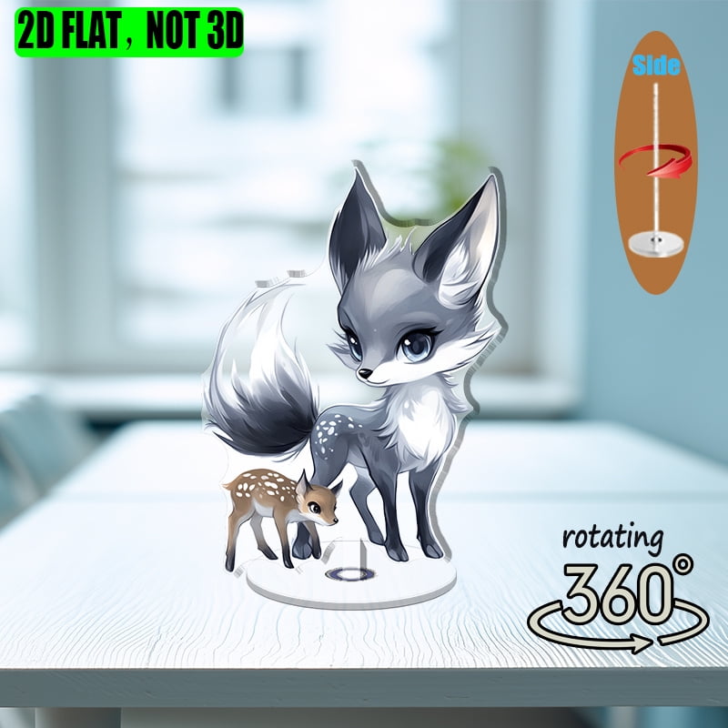[2D flat] 1PC Rotating acrylic tabletop ornament showcasing a silver fox and fawn perfect for ...