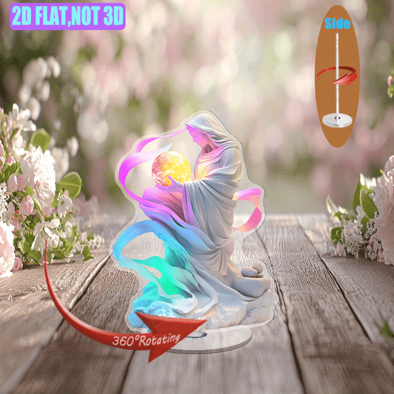 [2D flat] 1PC Rotating acrylic tabletop sculpture of a celestial being cradling a glowing orb ...