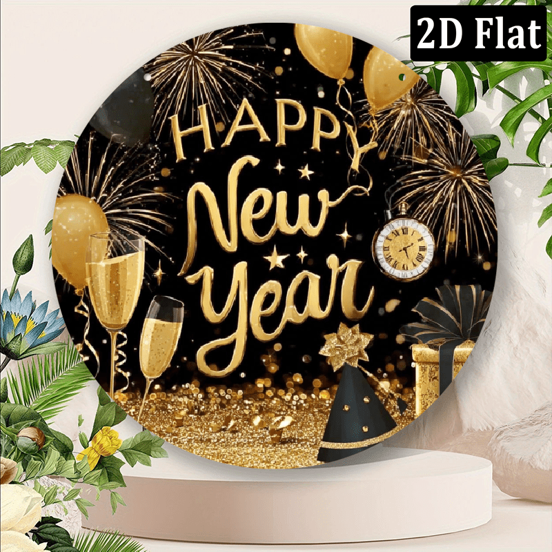2D flat Round Iron Sign, Happy New Year Front Door Sign Black Golden ...