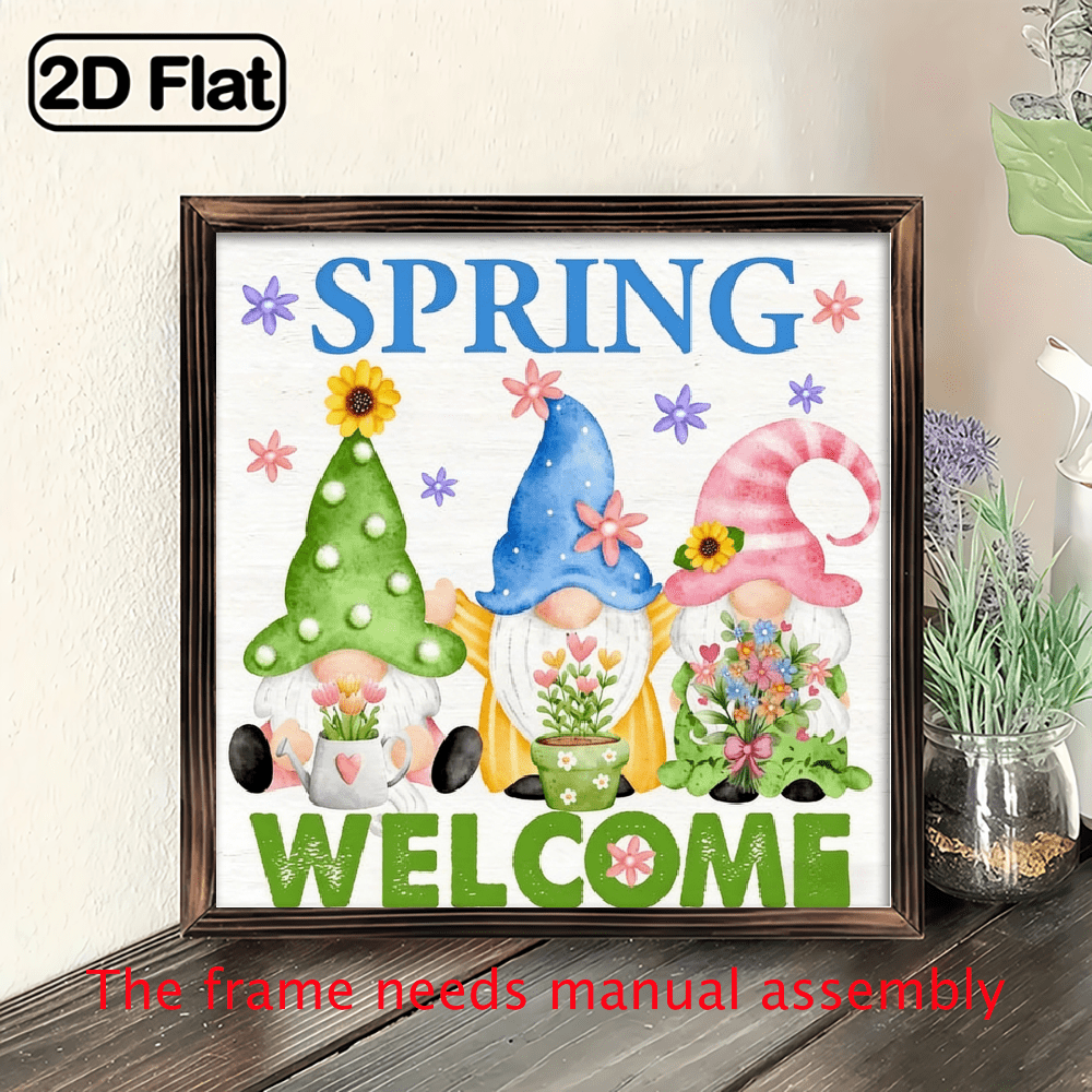 A 2D flat "Spring Welcome with three gnomes and flowers" wooden framed ...