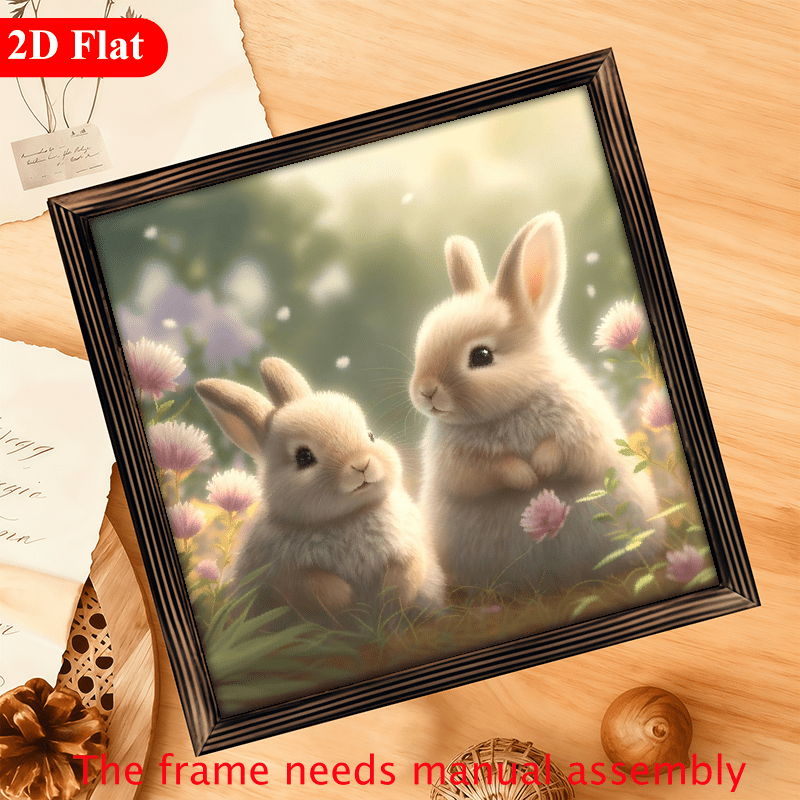 A 2D flat "Two Little White Rabbits in a Flower Bed" wooden frame ...