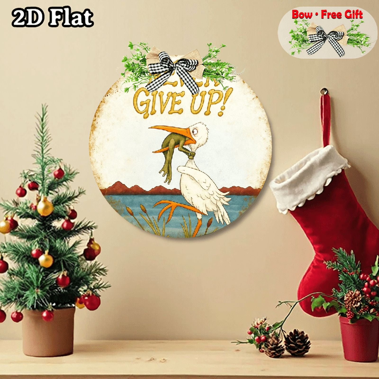 2D flat, a 12 - inch wooden sign. GIVE UP! with ducks and lake design ...