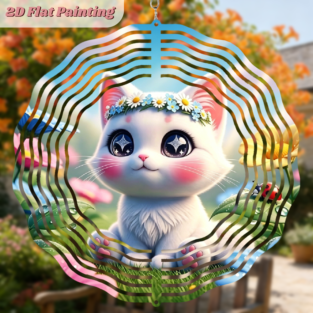 2D flat, a metal wind chime, adorable kitten, can rotate 360, hangable ...