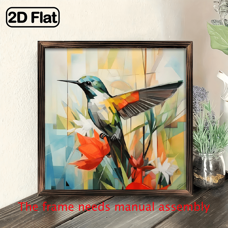2D flat, an 8 - inch wooden framed painting, Colorful Hummingbird. For ...