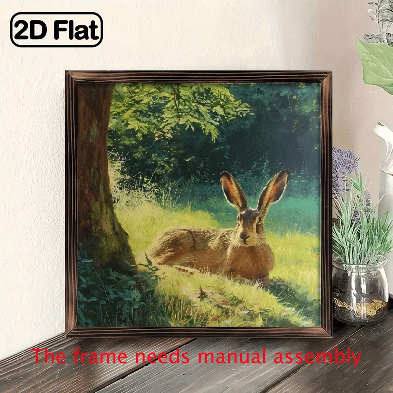 2D flat, an 8 - inch wooden framed painting, Hare in forest For home ...
