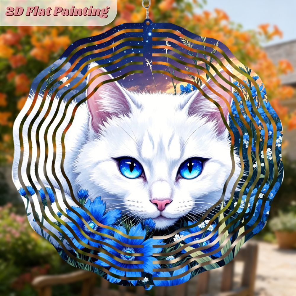 2D flat, an iron wind chime, white cat design. It can rotate 360 ...