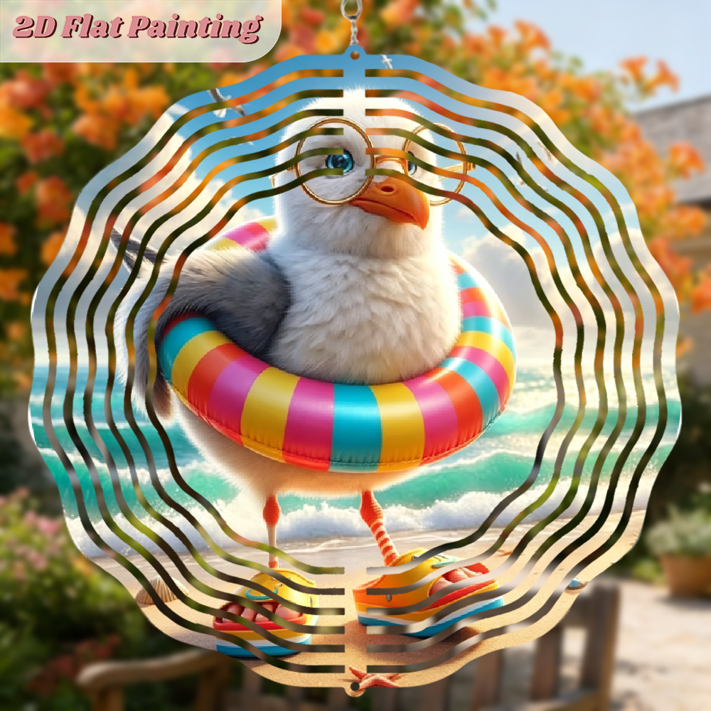 2D flat, a metal wind chime. Cute seagull with float. It can rotate 360 ...