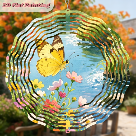 2D flat, a metal wind chime, bright yellow butterfly. It can rotate 360 ...
