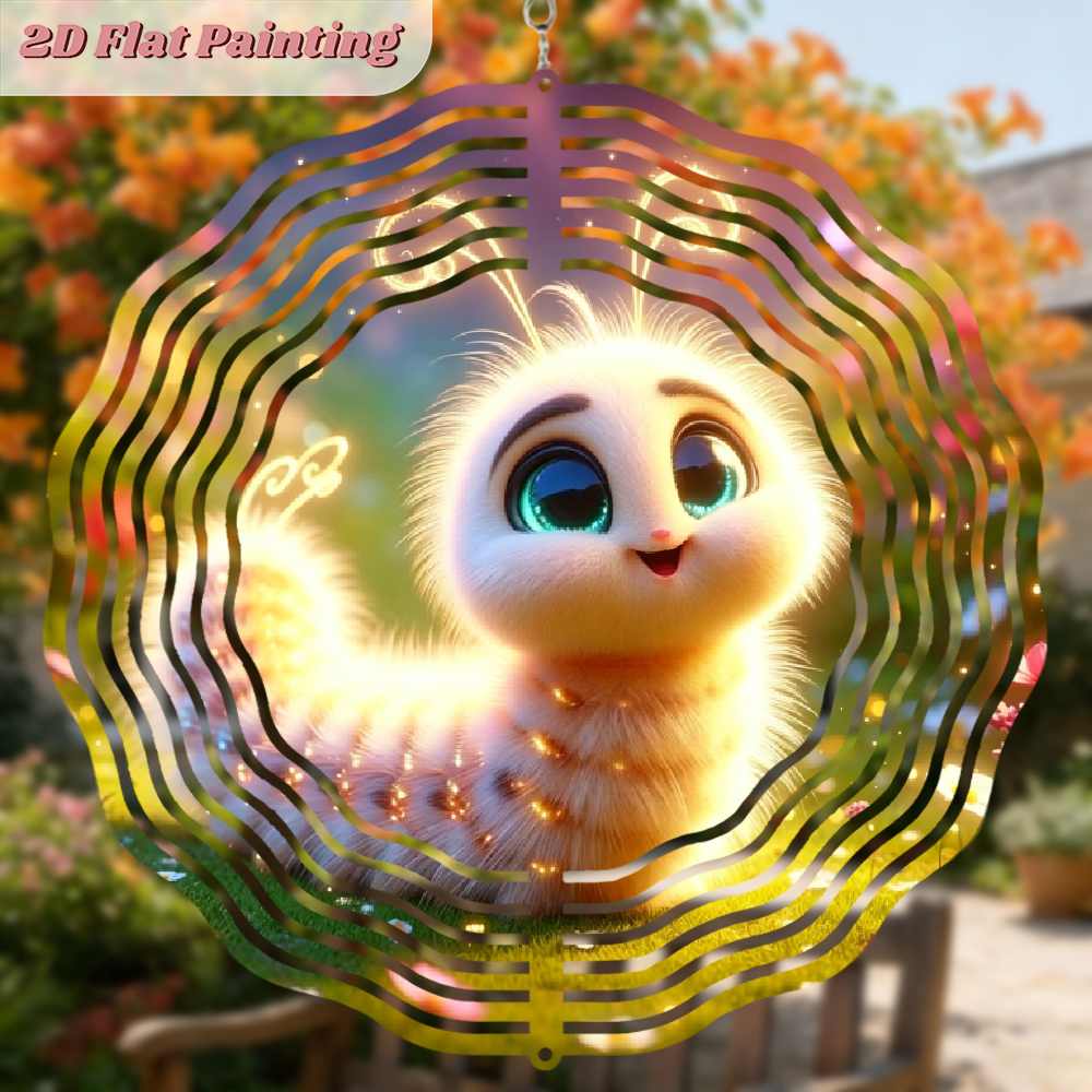 2D flat, a metal wind chime, fluffy glowing creature. It can rotate 360 ...