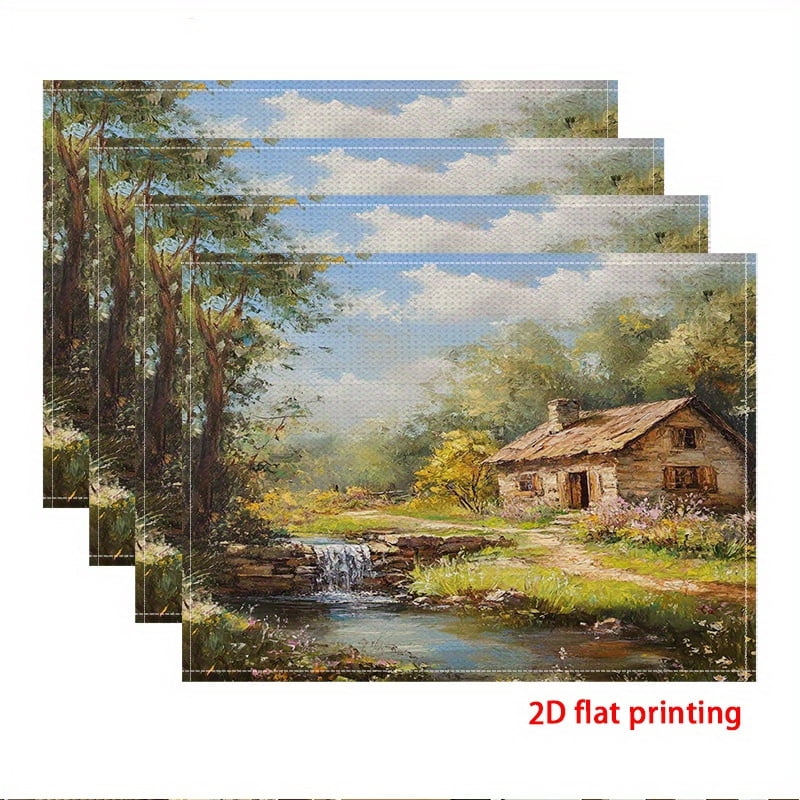 2D flat printing,4pcs Placemats, Peaceful Cottage by the Creek Theme ...