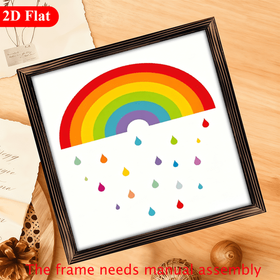 A 2D flat "rainbow with raindrops" wooden framed painting. For home ...