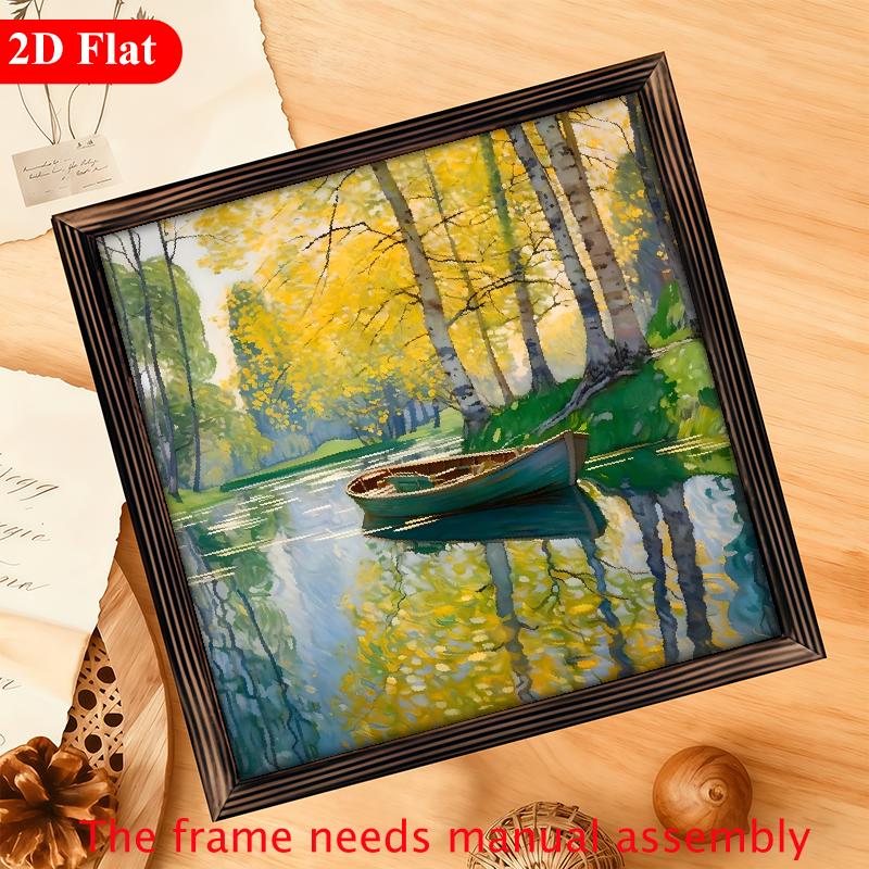 A 2D flat wooden framed painting. Theme "Boat in Autumn Lake". For home ...