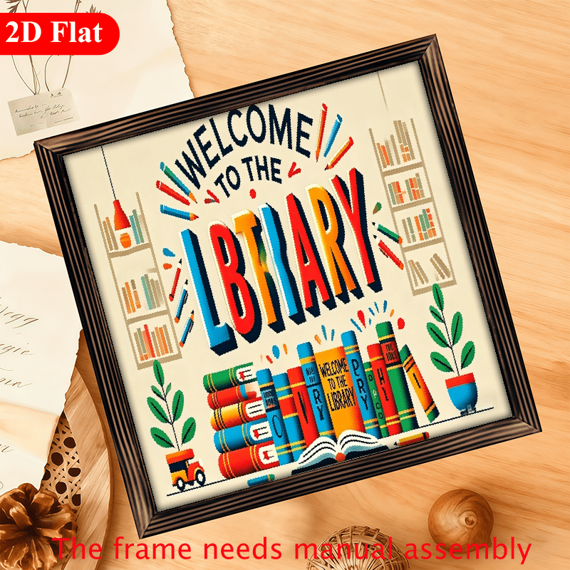 A 2D flat wooden framed painting with "WELCOME TO THE LIBRARY" for home ...
