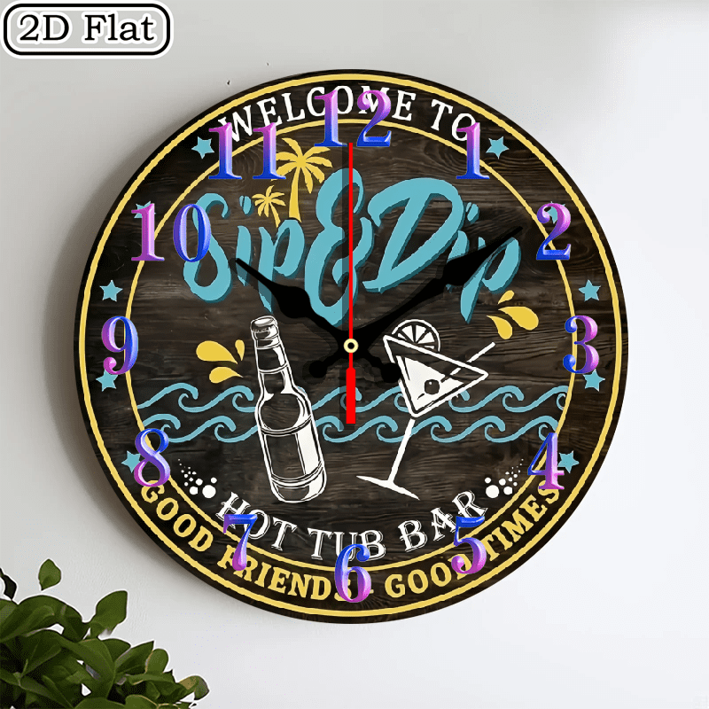 2D flat wooden wall clock, hot tub logo wall clock, silent clock ...