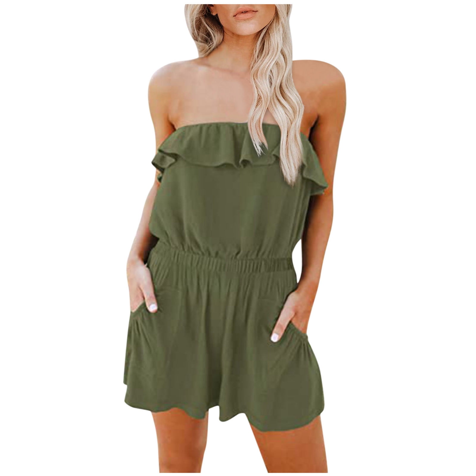 2DXuixsh Ladies Romper Strapless Rompers Shorts Summer Casual Ruffle ...
