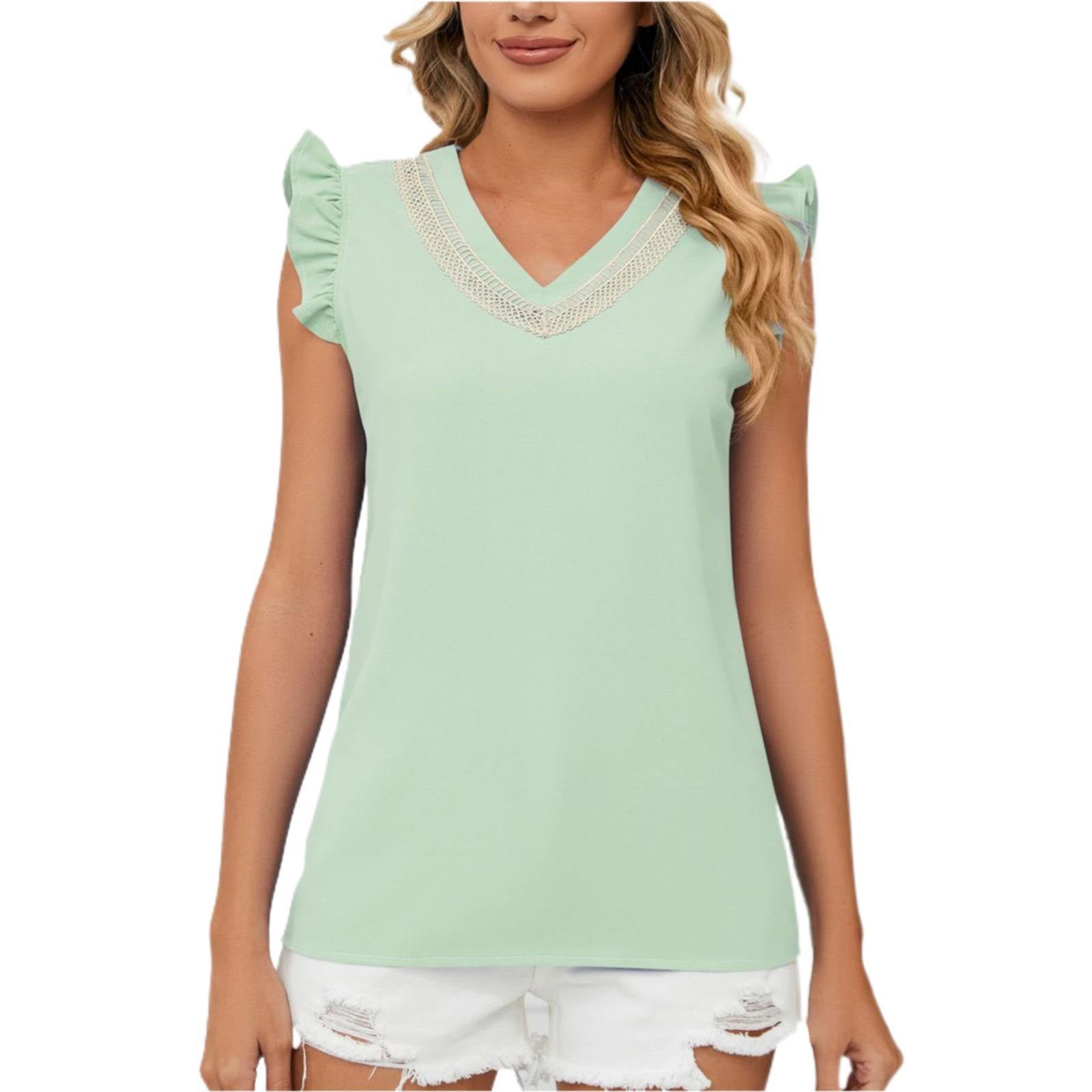 2DXuixsh Shirts Spring Summer Lace Bump Color V Neck Short Sleeve Loose ...