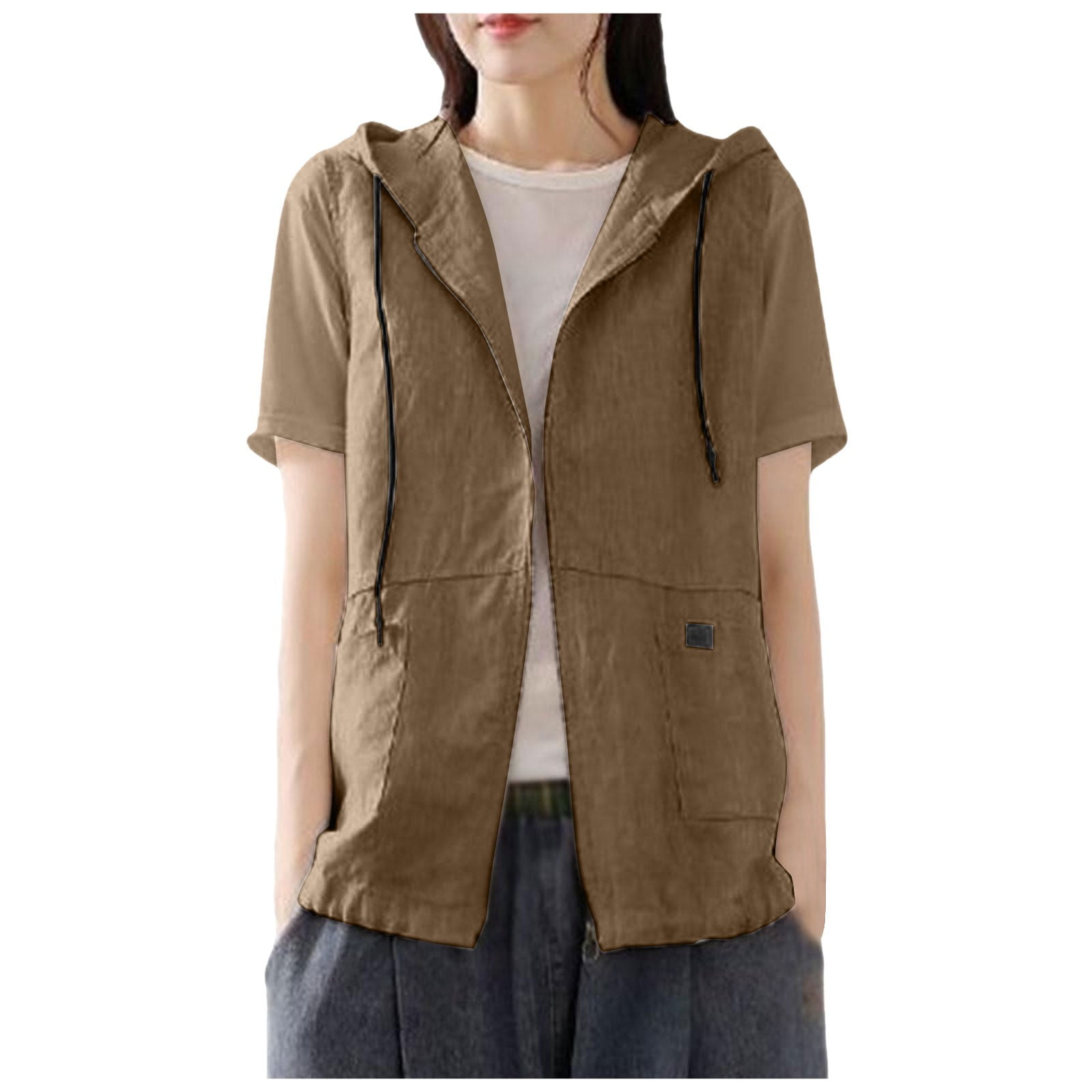 2DXuixsh Simple Linen Style Vest Women's Hooded Cotton Linen Zipper ...