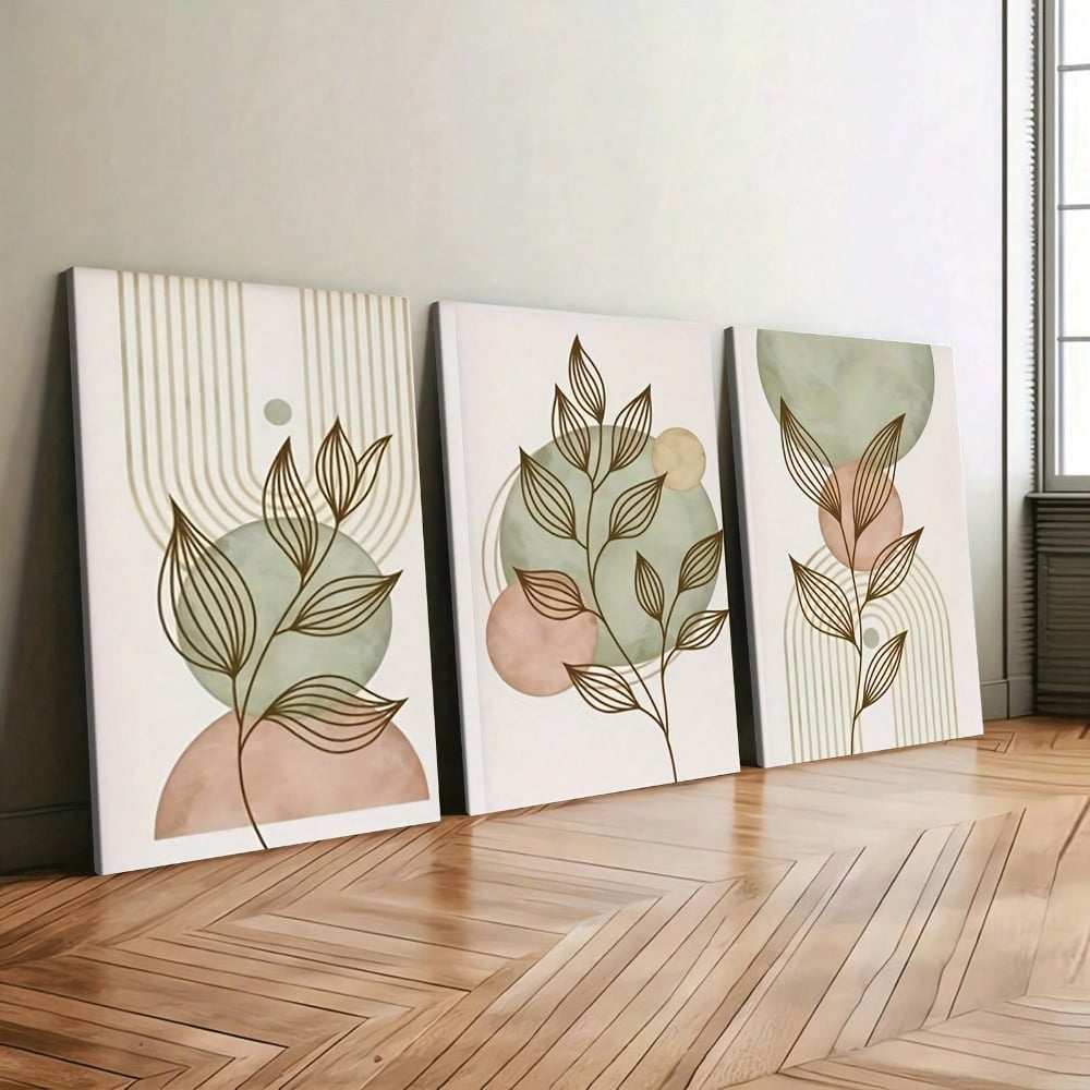2Dflat, 3pcs, Wood Frame Canvas Printed Murals, Sage Green Boho Mid ...