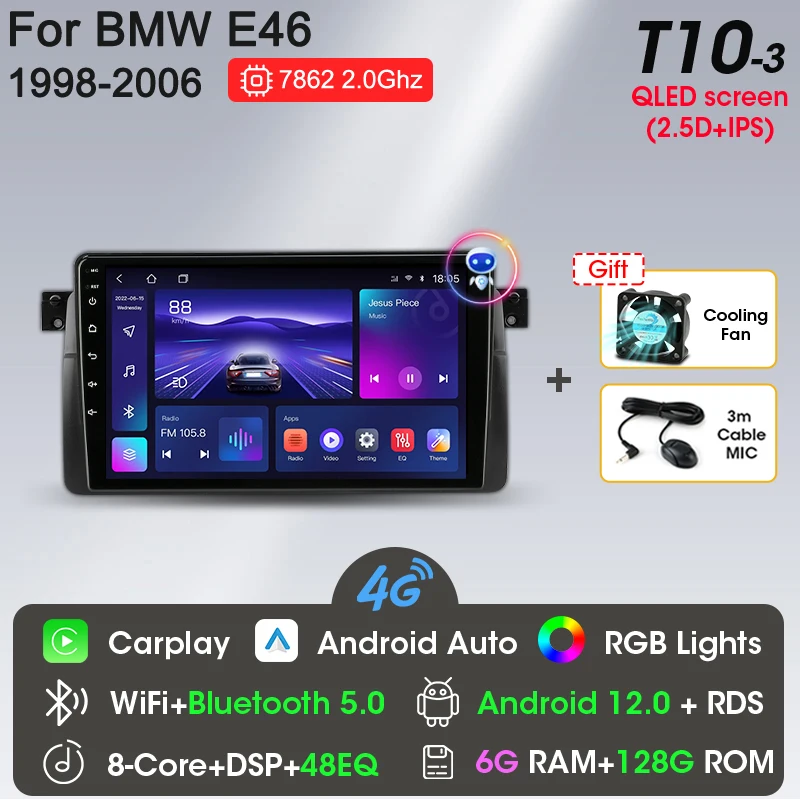 2Din Android 12 Carplay Car Radio for BMW E46 M3 318/320/325/330/335 1998-2006 Multimedia Player ...