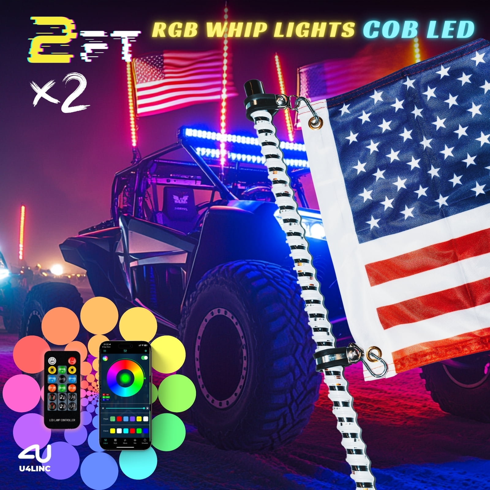 2FT 2 RGB COB LED Whip Lights Antenna Chase APP & Remote for ATV UTV ...