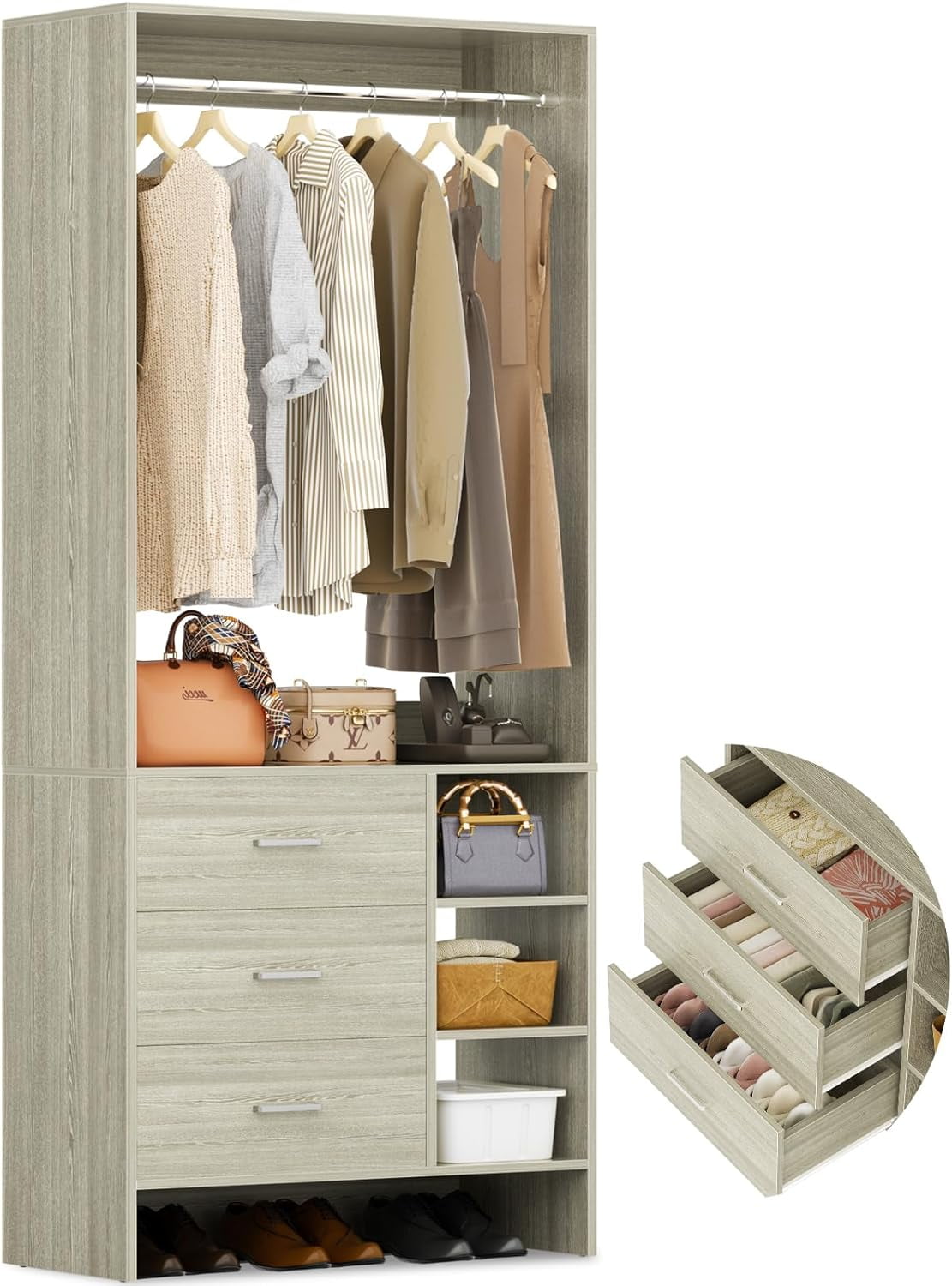 2FT Closet System with 3 Drawers 24\u2019\u2019 Closet Organizer Wood ...