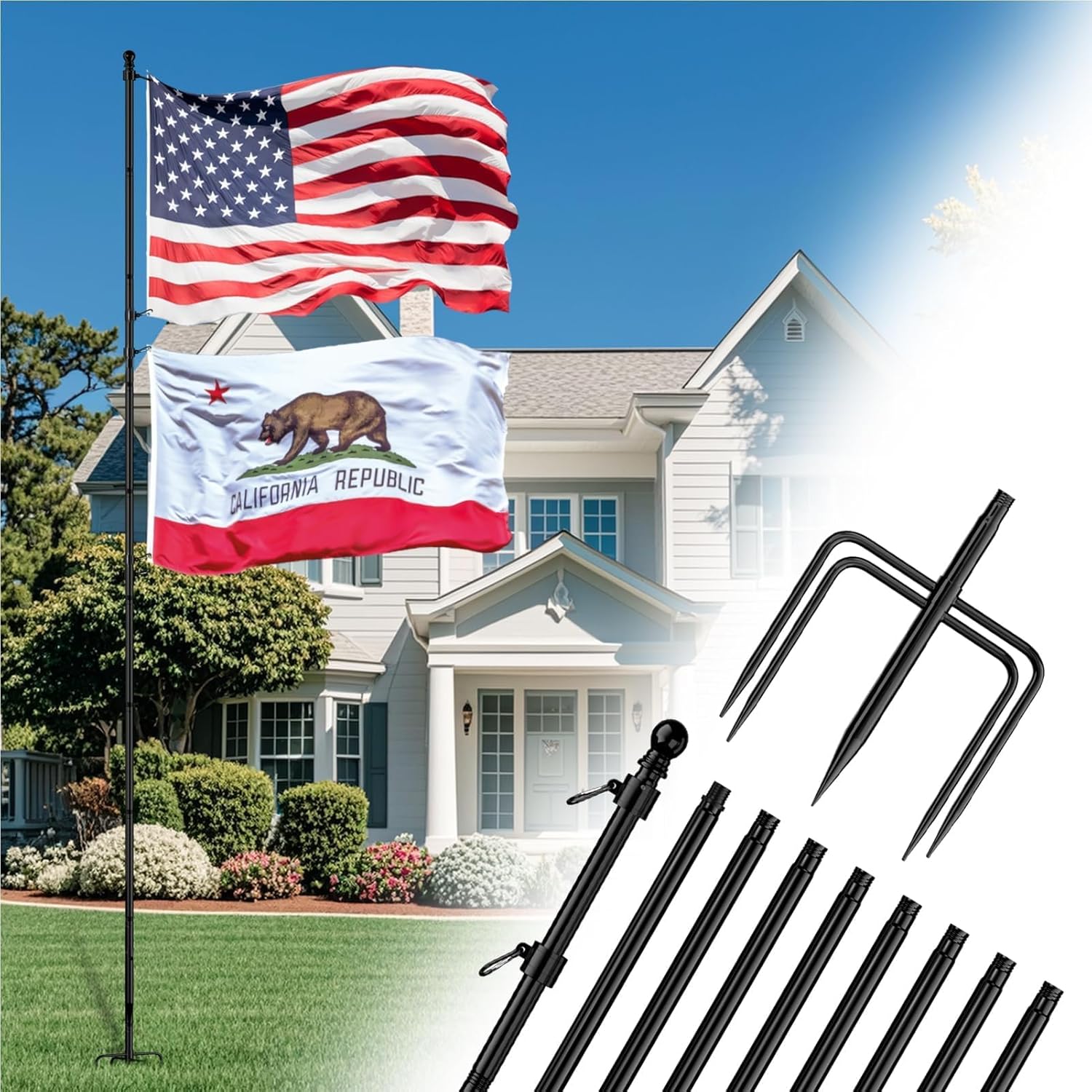 2FT Heavy Duty Flag Pole with 5 Pronges Base in Ground for Yard,Tangle ...