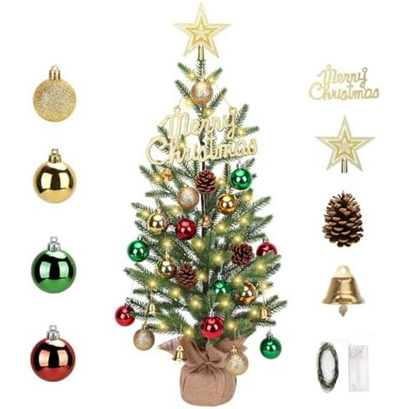 2FT Mini Christmas Tree with 30 LED Lights & 26 Ornaments,24-inch ...