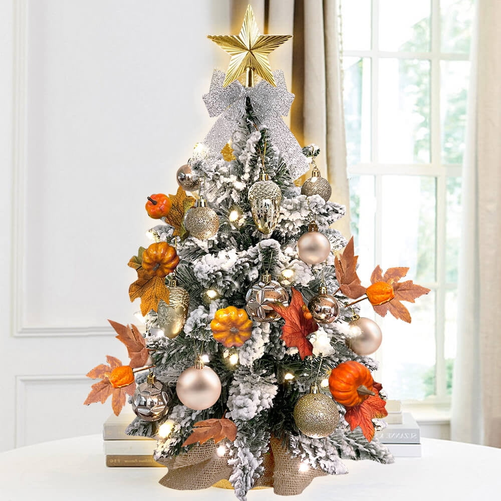 2FT Mini Christmas Tree Pre-Lit, Snow Flocking Table Top Christmas Tree ...