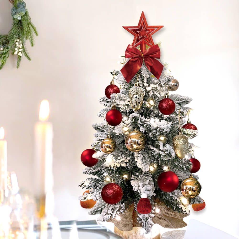 2FT Mini Christmas Tree Pre-Lit, Snow Flocking Table Top Christmas Tree ...
