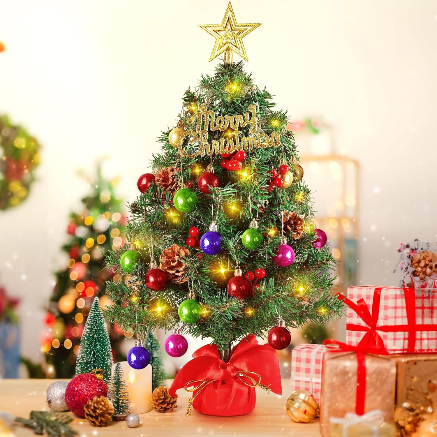 2FT Mini Christmas Tree, Small Tabletop Christmas Tree Set with 50 LED ...