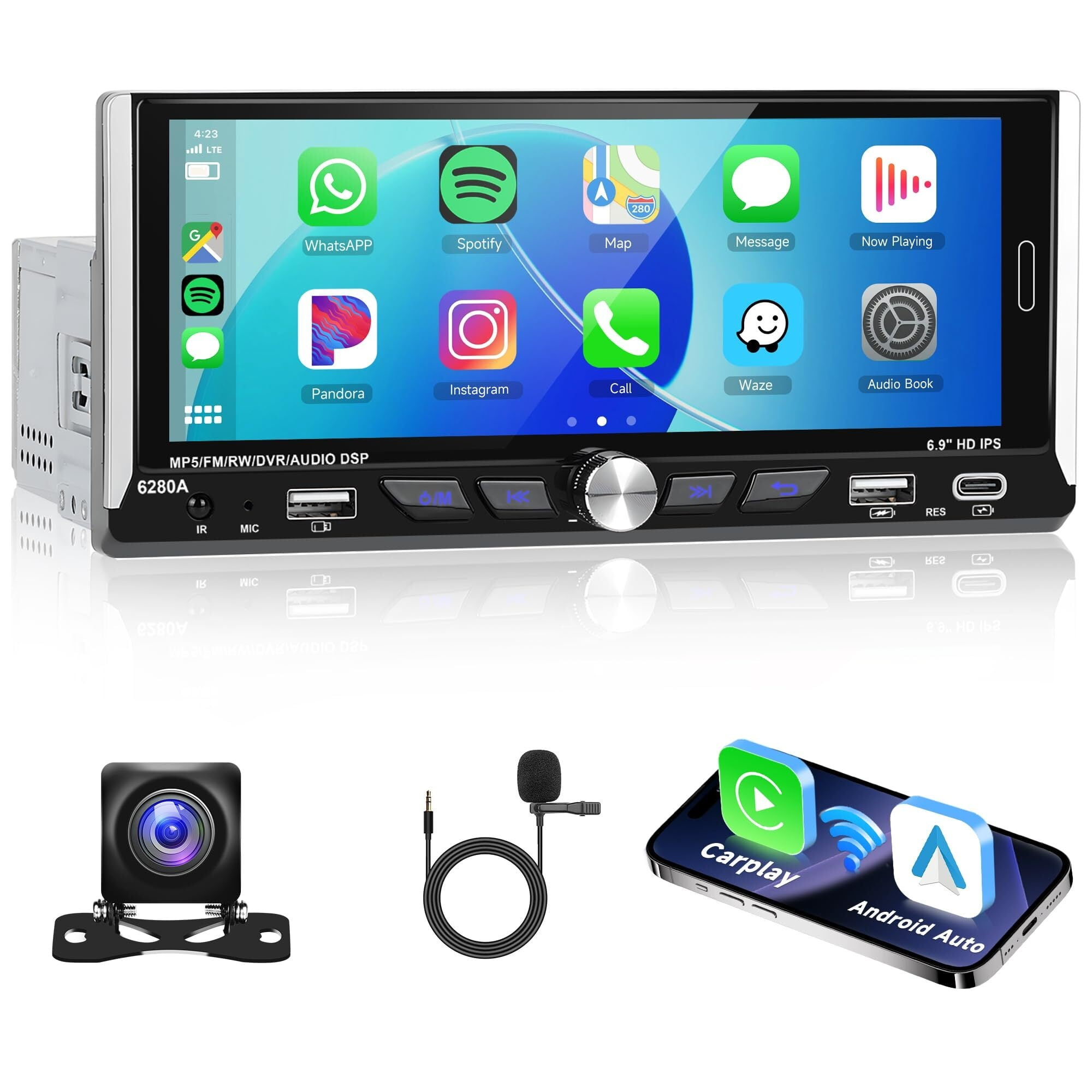2G 64G Android Single Din Car Stereo with Wireless Apple CarPlay ...
