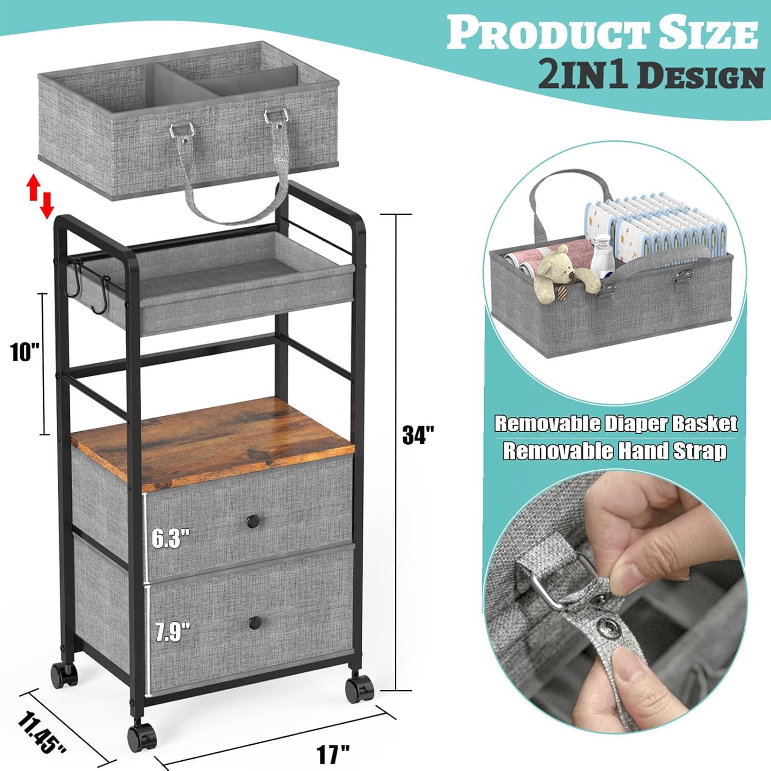 2IN1 Baby Diaper Caddy Organizer & 4-Tier Rolling Cart, Bedside Cart ...