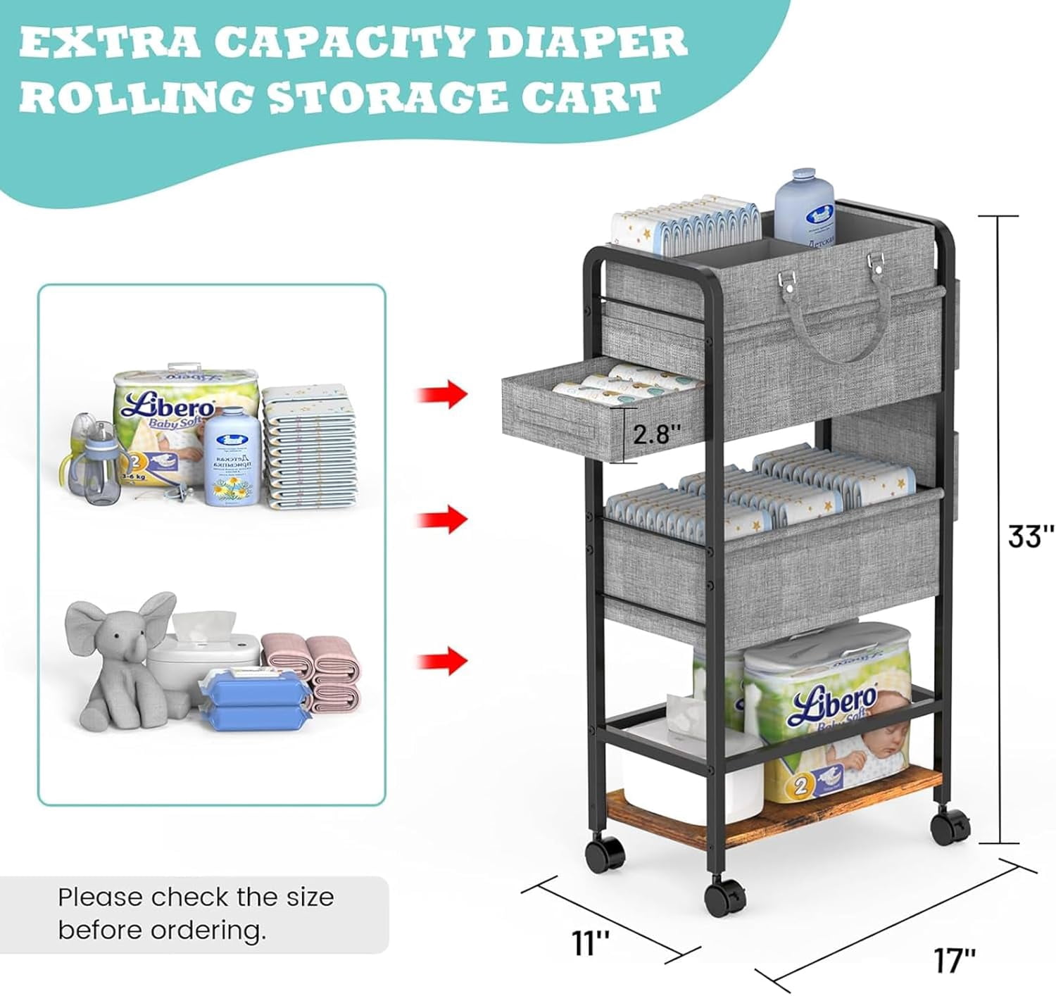 2In1 Baby Diaper Caddy & 4-Tier Rolling Diaper Cart, Diaper Caddy ...